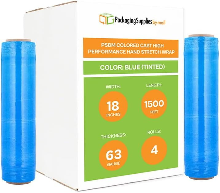 PSBM Blue Stretch Wrap, 4 Pack, 18 Inch x 1500 Feet, 63 Gauge, Tinted ...