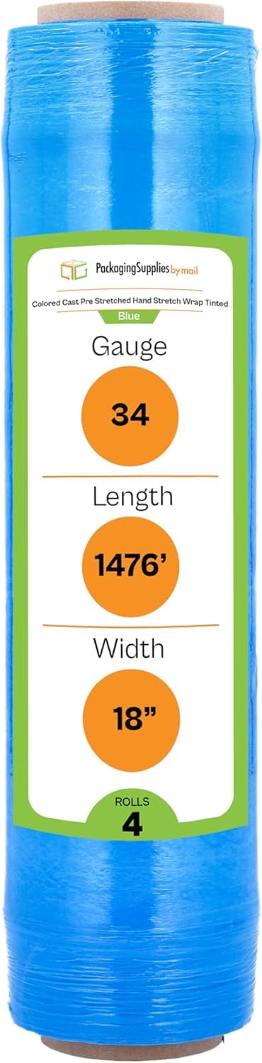 PSBM Cast Hand Pre-Stretched Stretch Wrap 17" x 1476' 4 Rolls 34 Gauge Plastic Tinted Blue ...