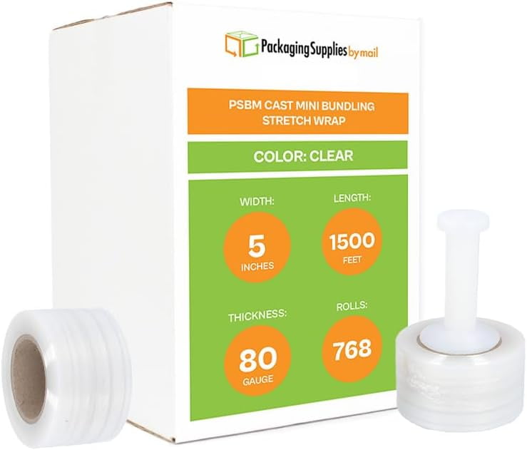 PSBM Cast Mini Hand Stretch Wrap 5" x 1500' 768 Rolls 80 Gauge Clear ...