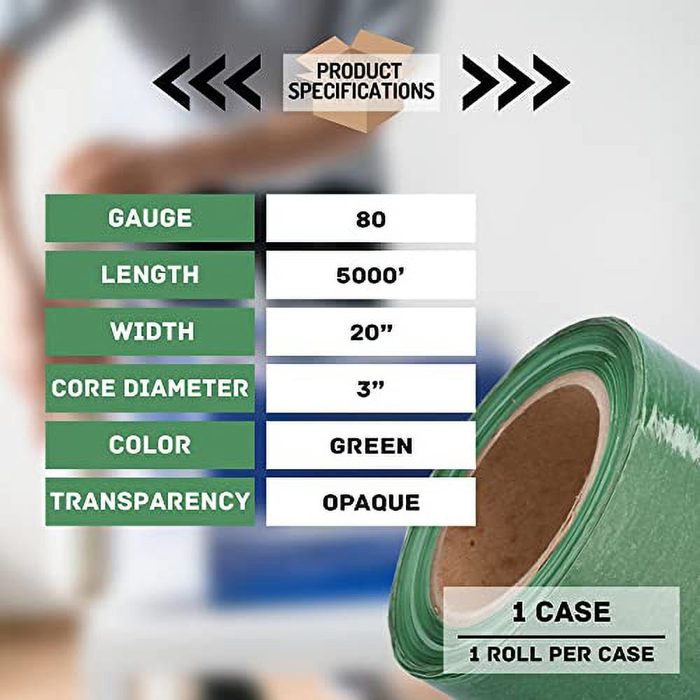 PSBM Machine Green Stretch Wrap, 1 Pack, 20 Inch x 5000 Feet, 80 Gauge ...