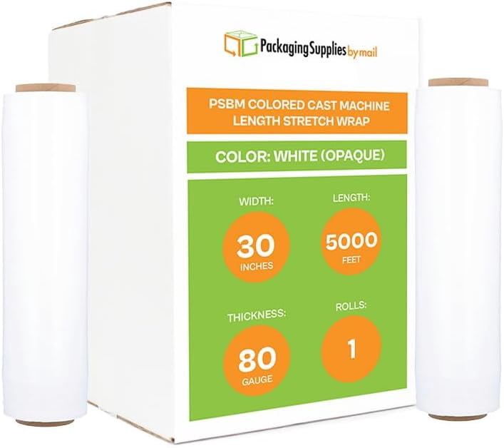 PSBM Machine White Stretch Wrap, 1 Pack, 30 Inch x 5000 Feet, 80 Gauge ...