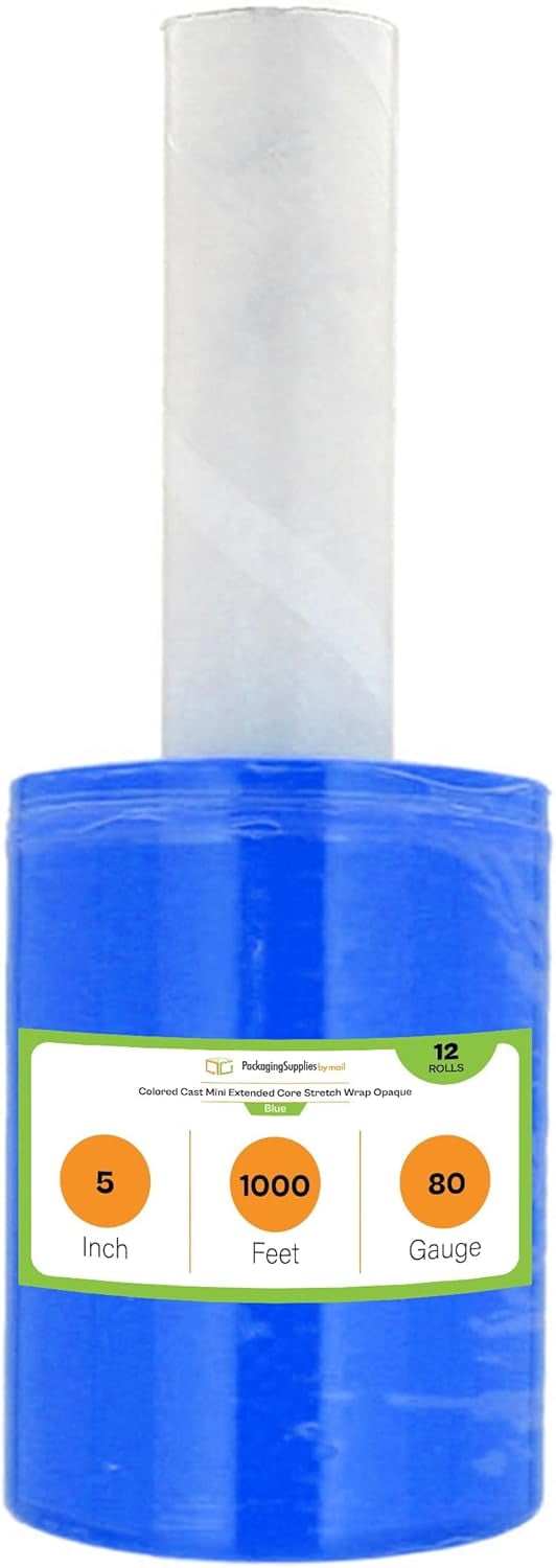 PSBM Mini Blue Stretch Wrap with Built in Handles, 12 Pack, 5 Inch x 1000 Feet, 80 Gauge, Dark ...