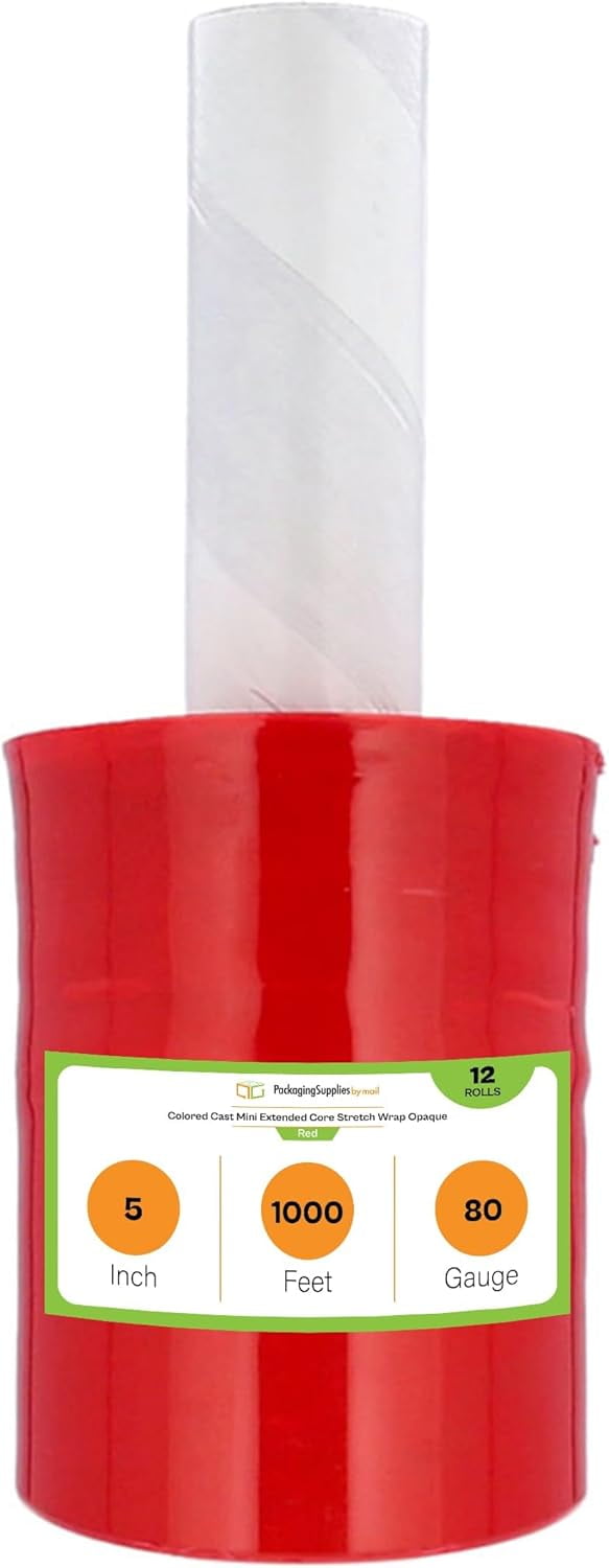 PSBM Mini Red Stretch Wrap with Built in Handles, 12 Pack, 5 Inch x 1000 Feet, Dark/Opaque Tint ...