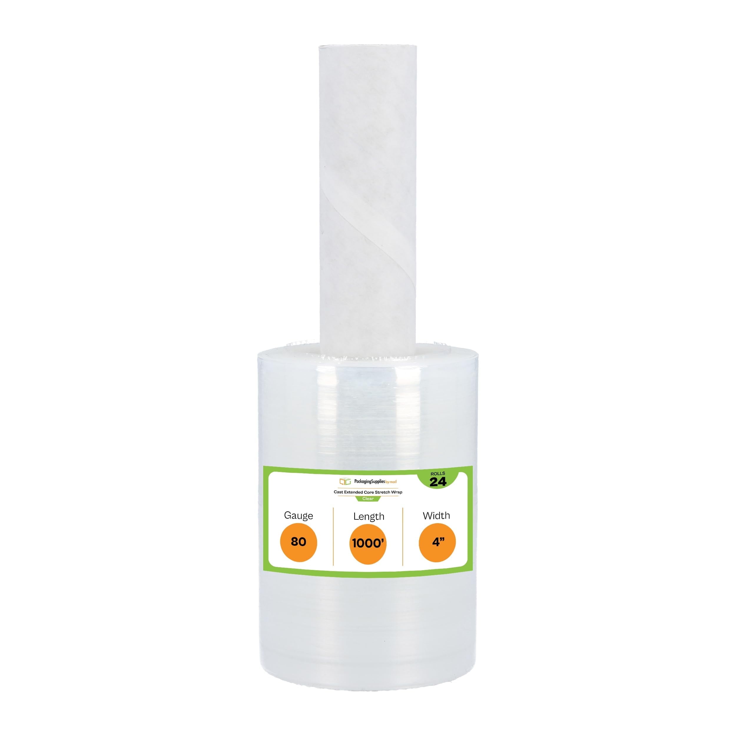 PSBM Mini Hand Stretch Wrap with Extended Core Handle 4" x 1000' 24 Rolls 80 Gauge Clear Plastic ...