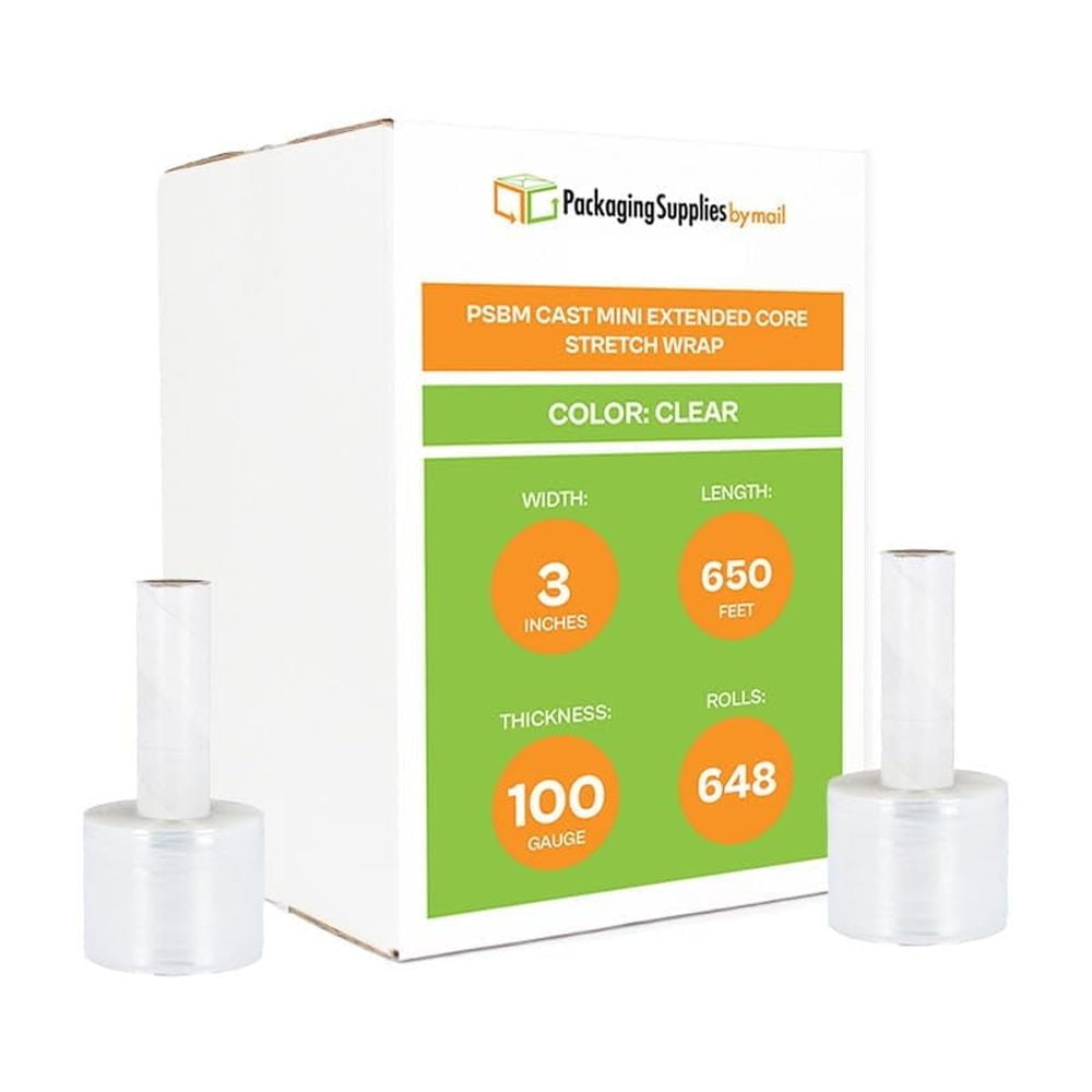 PSBM Mini Hand Stretch Wrap with Extended Core Handle 3" x 650' 648 Rolls 100 Gauge Clear ...