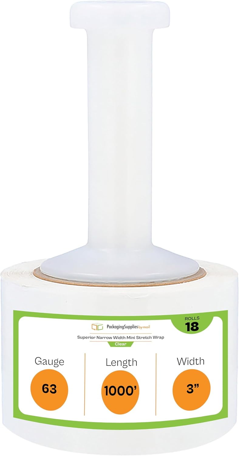 PSBM Mini Stretch Wrap with Handle, 18 Pack, 3 Inch x 1000 Feet, 63 Gauge, Clear High ...