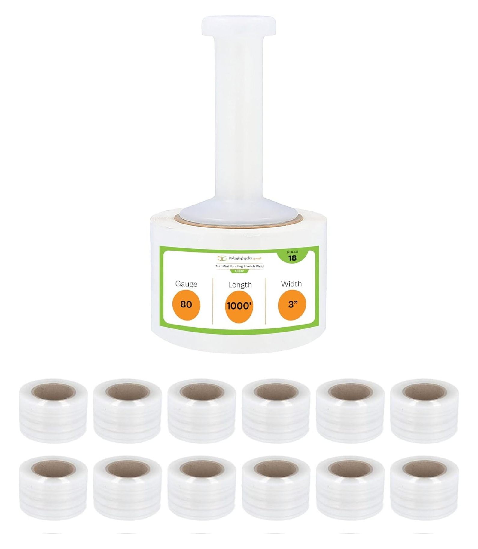 PSBM Mini Stretch Wrap with Handle, 18 Pack, 3 Inch x 1000 Feet, 80 Gauge, Clear, Small Plastic ...