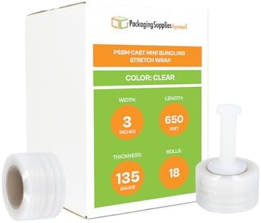 PSBM Mini Stretch Wrap with Plastic Handle, 18 Pack, 3 Inch x 650 Feet, 135 Gauge, Clear Plastic ...