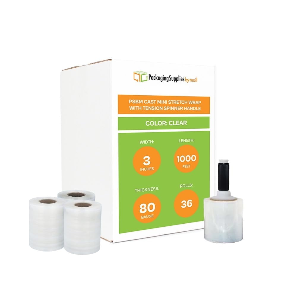 PSBM Mini Hand Stretch Wrap with Spinner Handle 3" x 1000' 36 Rolls 80 ...