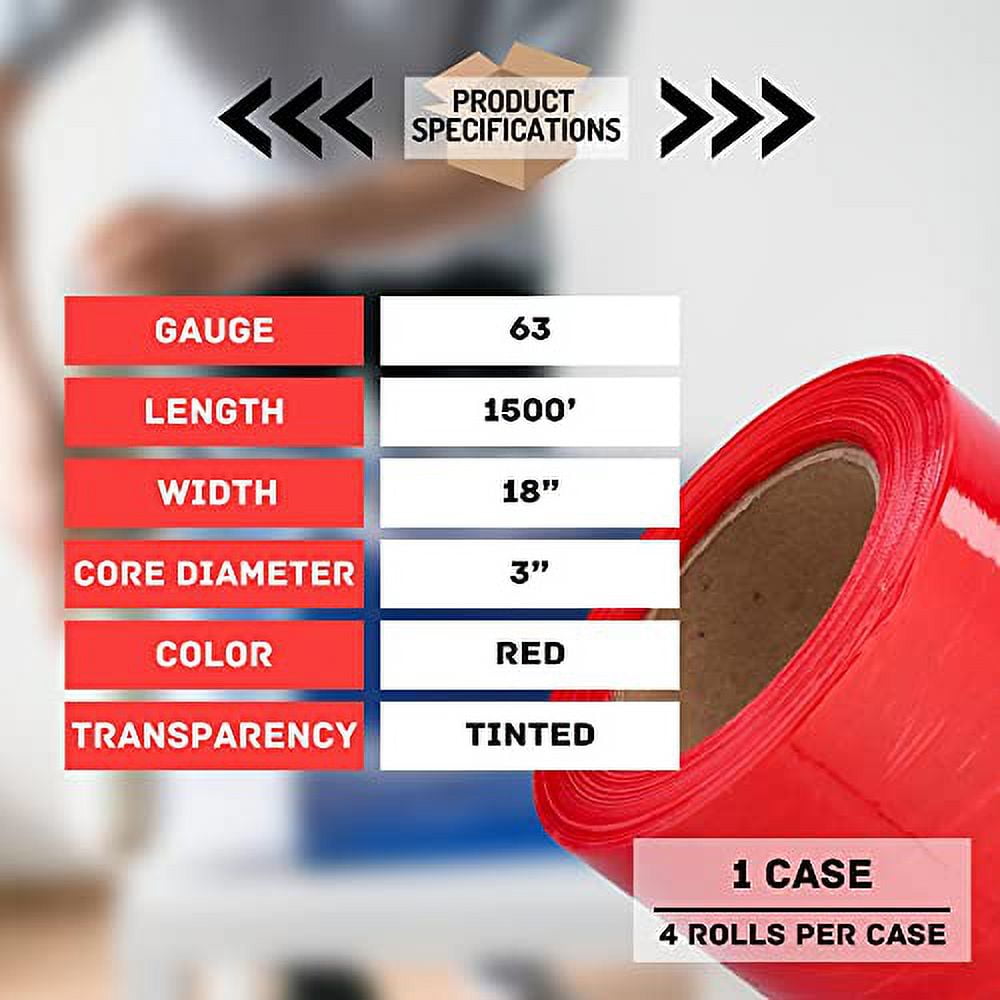 PSBM Red Stretch Wrap, 4 Pack, 18 Inch x 1500 Feet, 63 Gauge, Tinted ...