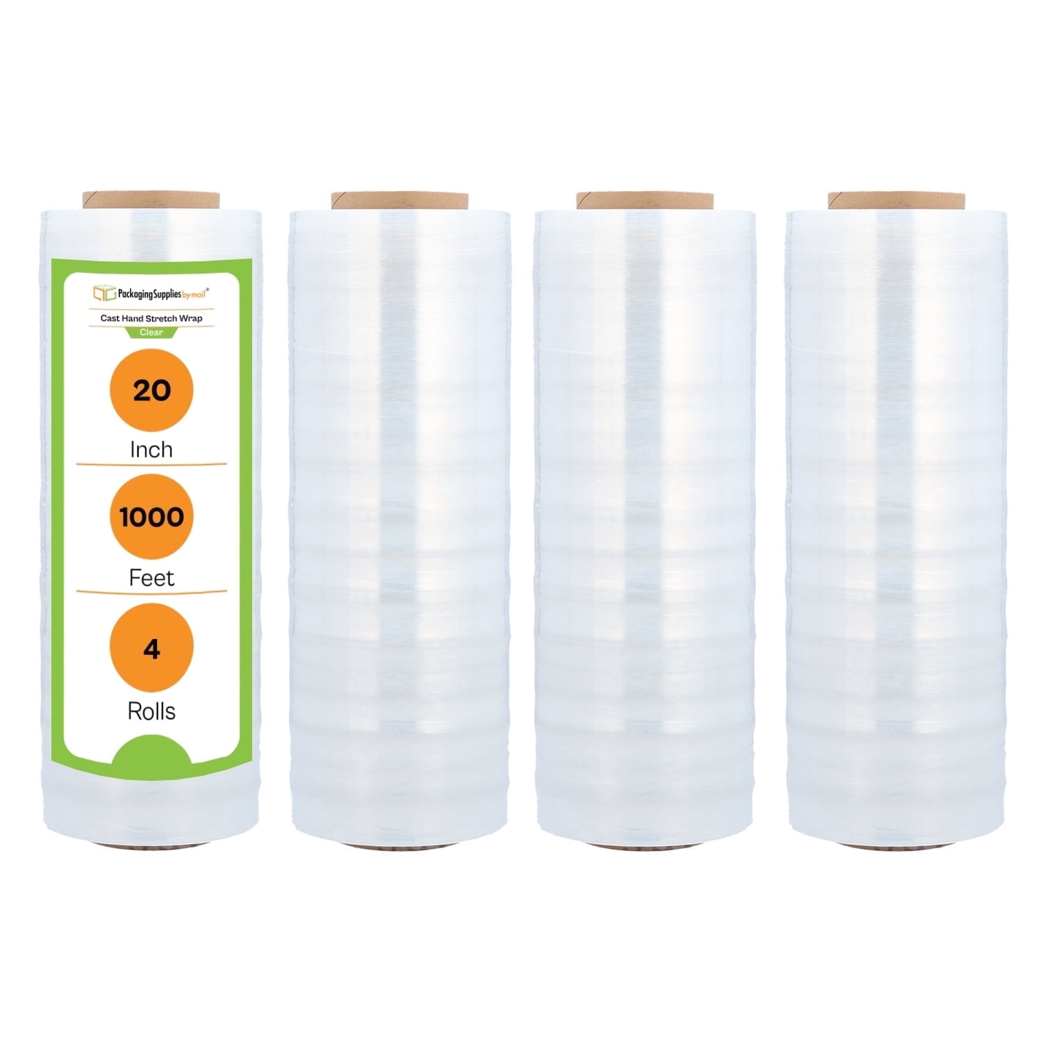 PSBM Cast Hand Stretch Wrap 20" x 1000' 4 Rolls 80 Gauge Clear Plastic ...