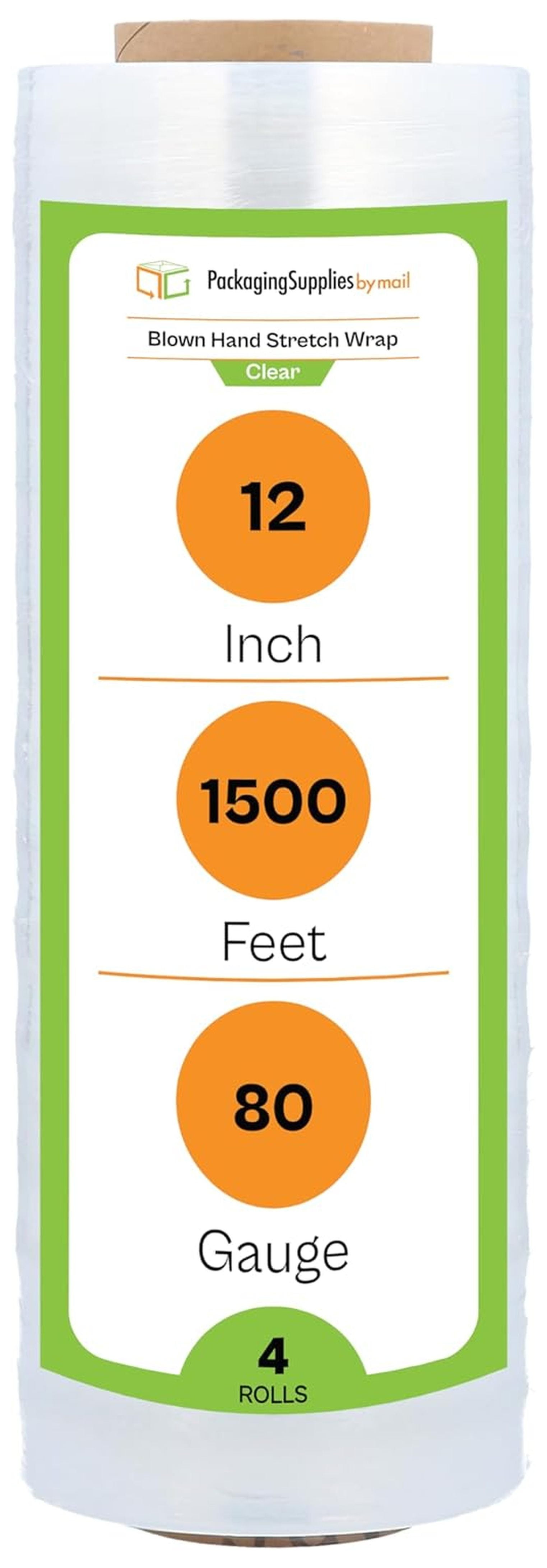 PSBM Stretch Wrap, 4 Pack, 12 Inch x 1500 Feet, 80 Gauge, Clear Plastic Cling, Blown Hand ...