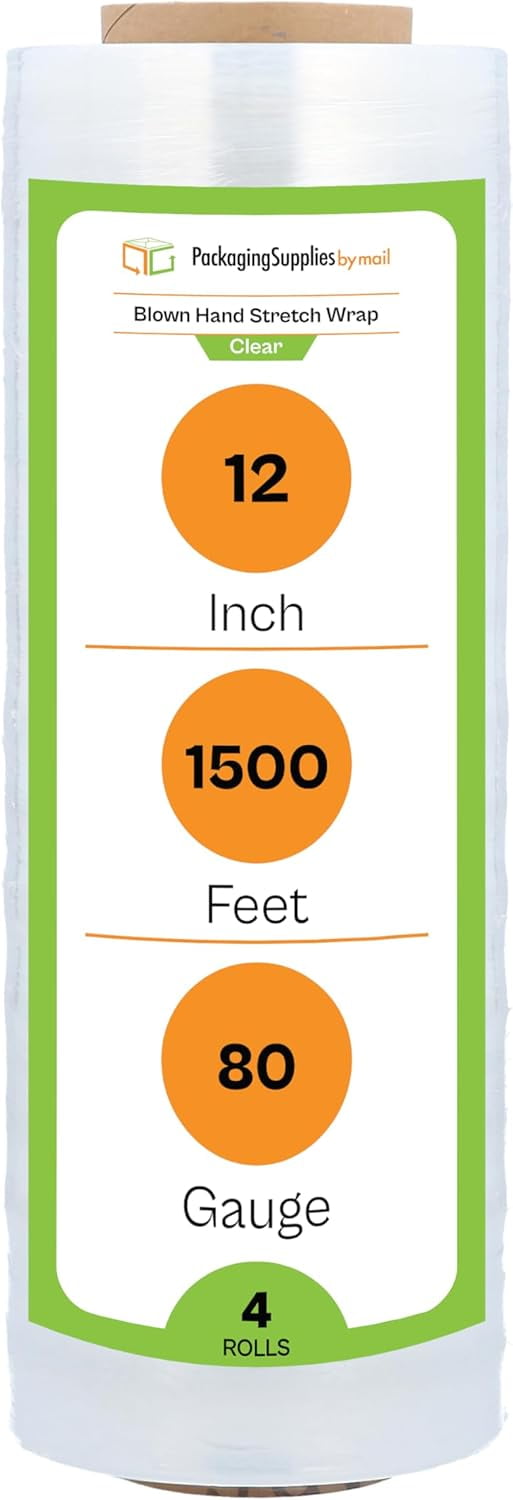 PSBM Stretch Wrap, 4 Pack, 12 Inch x 1500 Feet, 80 Gauge, Clear Plastic ...