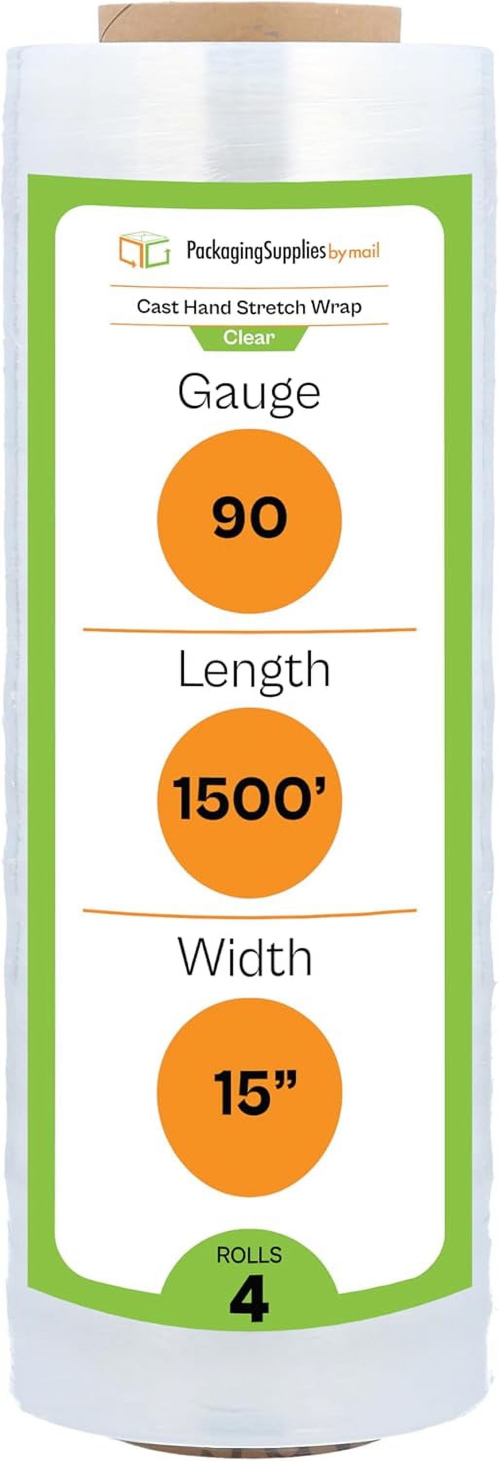 PSBM Stretch Wrap, 4 Pack, 15 Inch x 1500 Feet, 90 Gauge, Clear Plastic Cling, Cast Hand Stretch ...