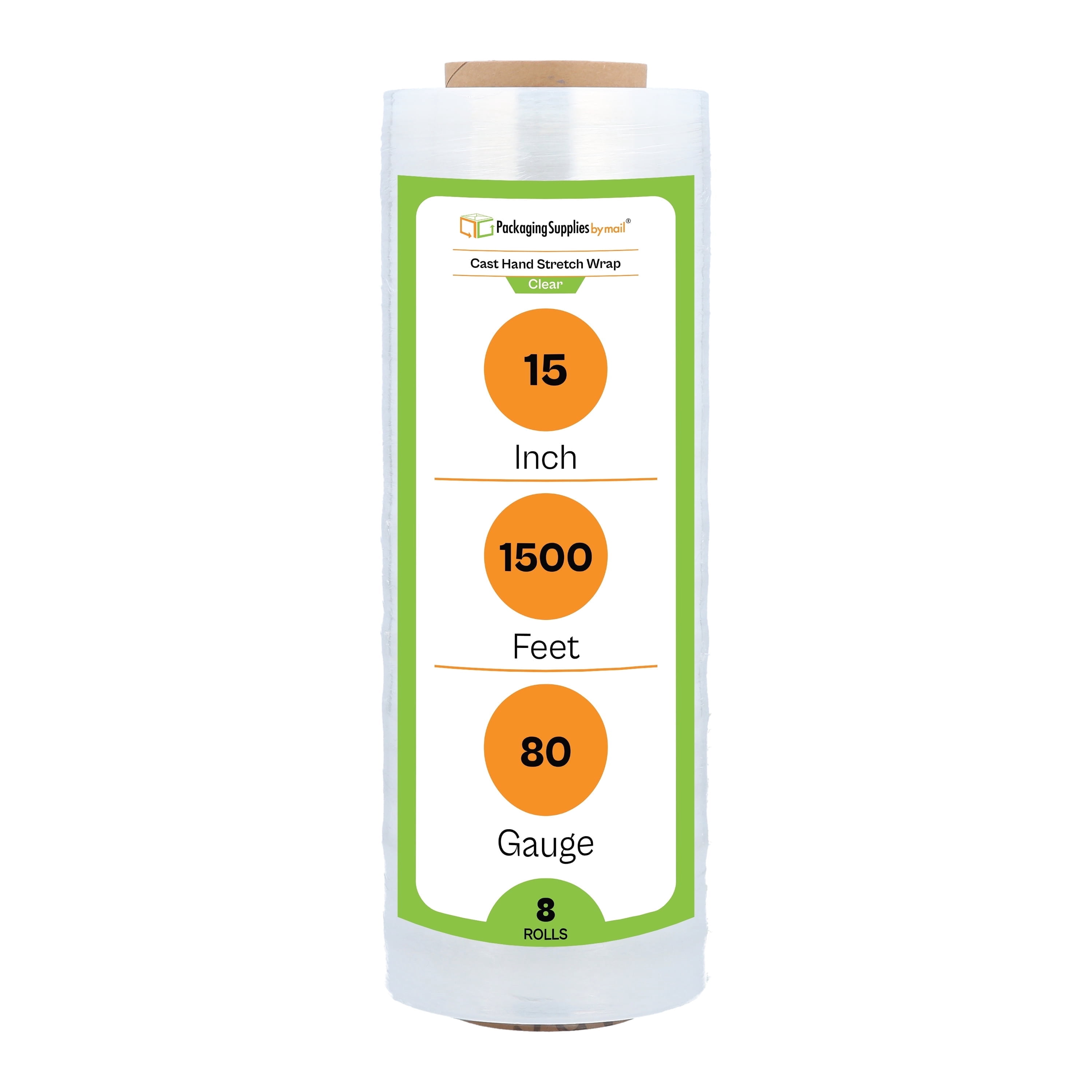 PSBM Cast Hand Stretch Wrap 15" x 2000' 8 Rolls 80 Gauge Clear Plastic ...