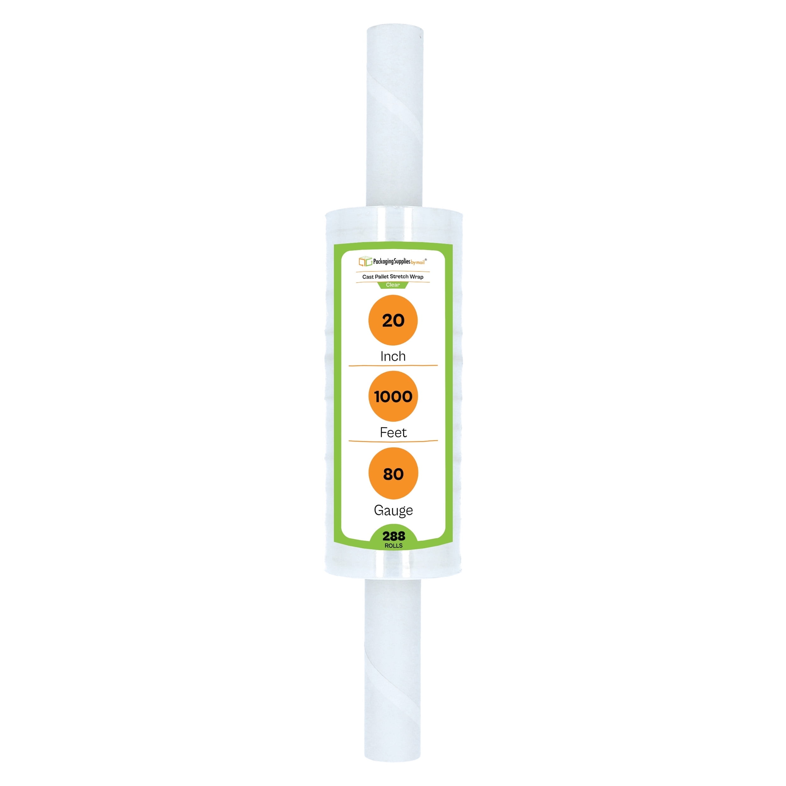 PSBM Cast Stretch Wrap with Extended Core Handles 20" x 1000' 288 Rolls 80 Gauge Clear Plastic ...