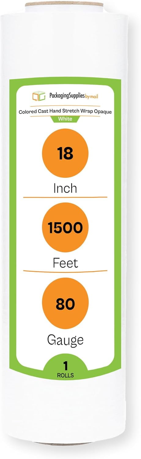 PSBM White Cast Stretch Wrap, 1 Pack, 18 Inch x 1500 Feet, 80 Gauge ...