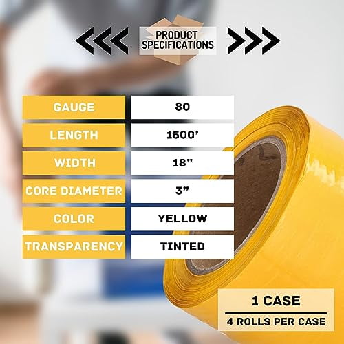 PSBM Yellow Stretch Wrap, 4 Pack, 18 Inch x 1500 Feet, 80 Gauge, Tinted ...