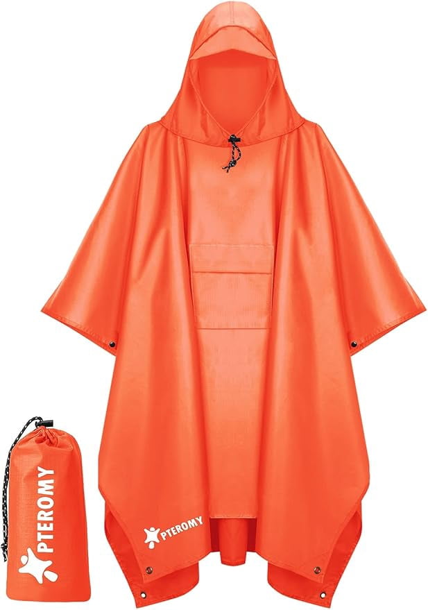 PTEROMY Hooded Rain Poncho for Adult with Pocket, Waterproof ...