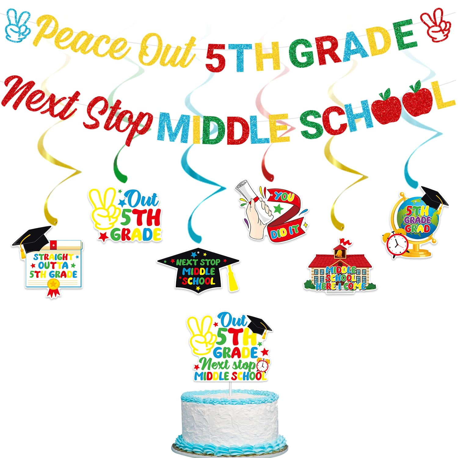 PTFNY Glitter 5th Grade Graduation Banner Set MDH1- 'Peace Out 5th ...