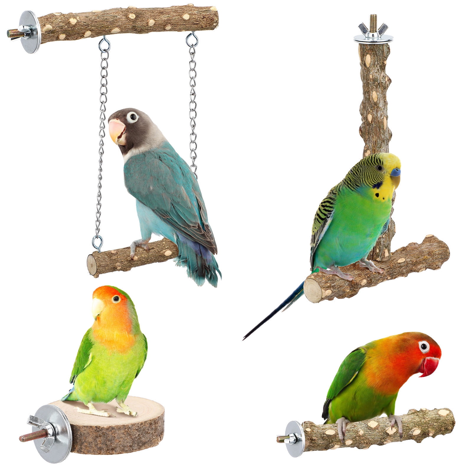 PTOOTP 4Pcs Beige Wood Parrot Perch with Swing Multiple Bird Cage ...