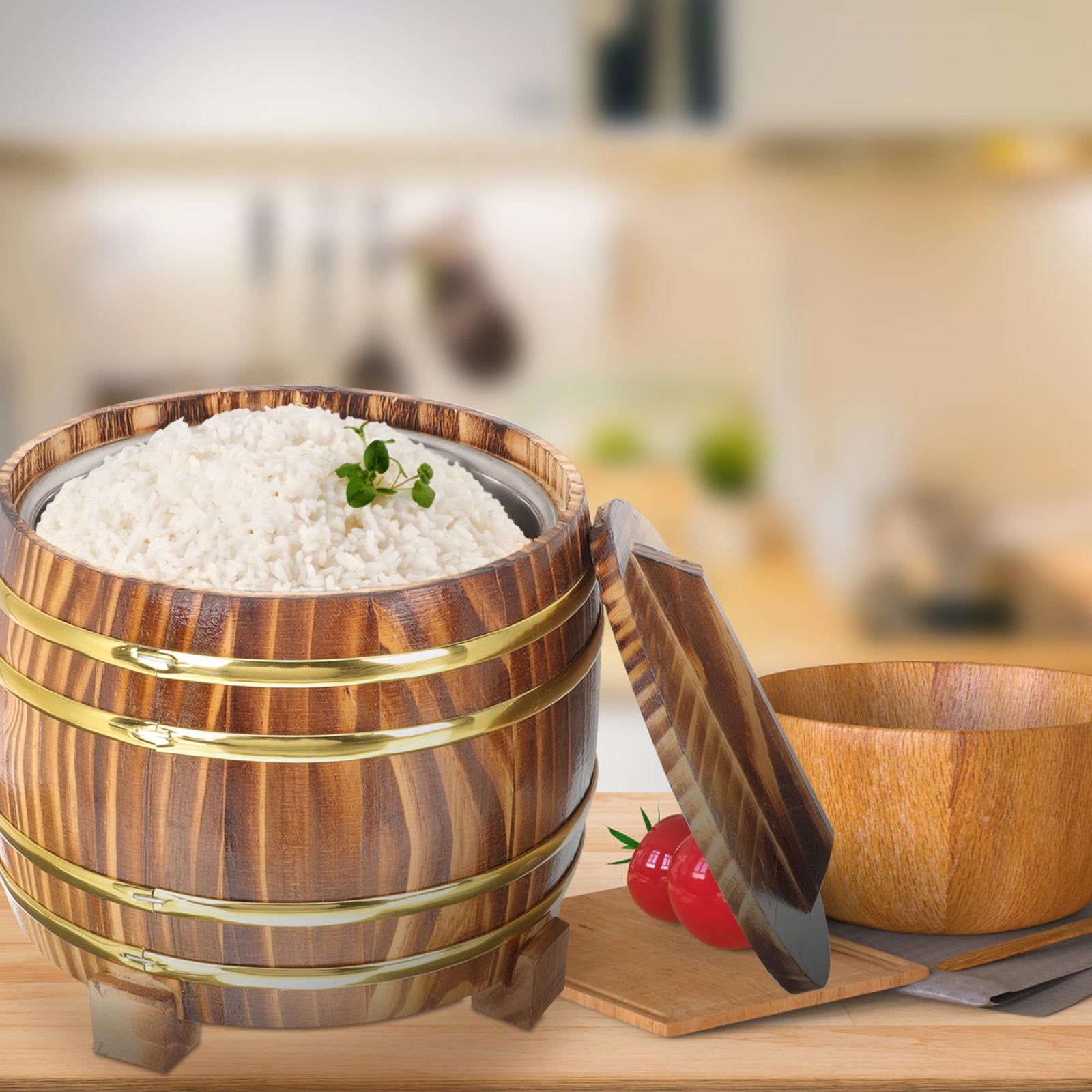 PTOOTP Coffee Colored Wooden Round Rice Storage Bucket for Home and ...