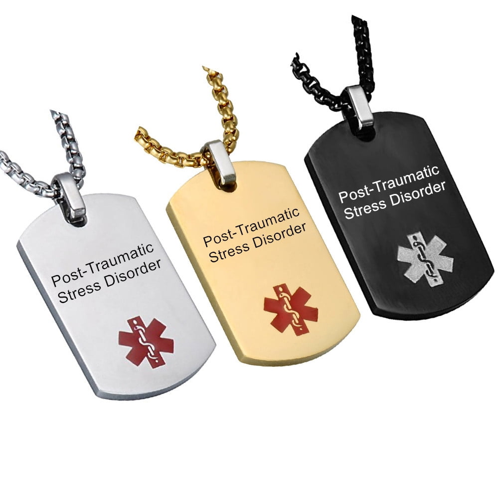 PTSD Medical Alert Dog Tag ID Pendant Caduceus Necklace Set for Men ...