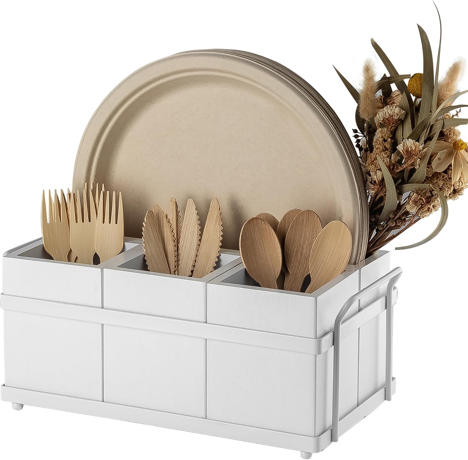 PTSTING Silverware Caddy White Wood Flatware Holder Paper Plate ...
