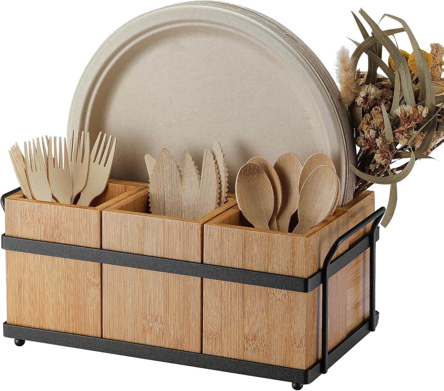 PTSTING Silverware Caddy Wood Holder Paper Plate Dispenser Utensil ...