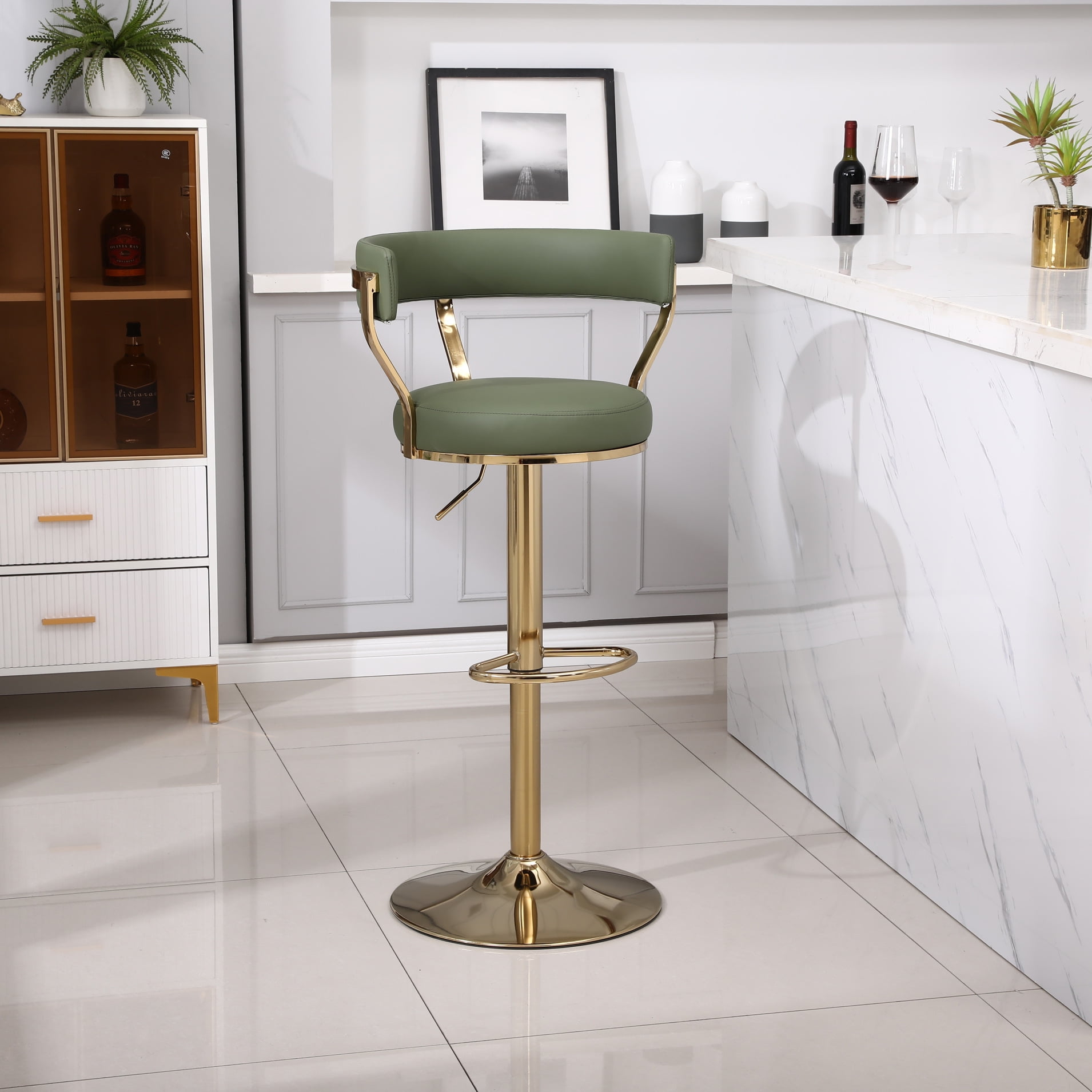 PU Bar Stools with Hollow Back and Footrest Counter, Modern 360-degree ...