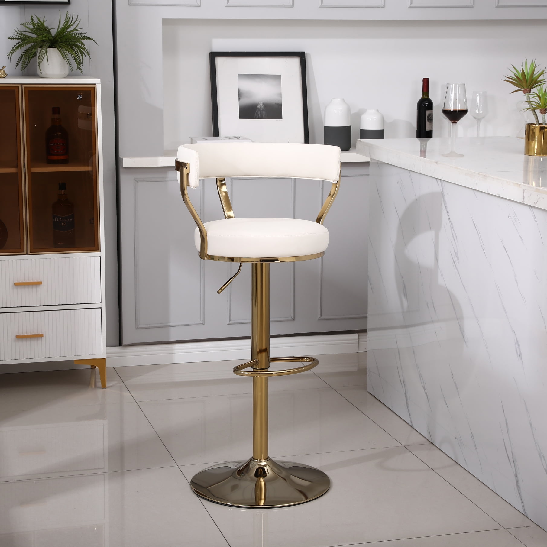 PU Bar Stools with Hollow Back and Footrest Counter, Modern 360-degree ...