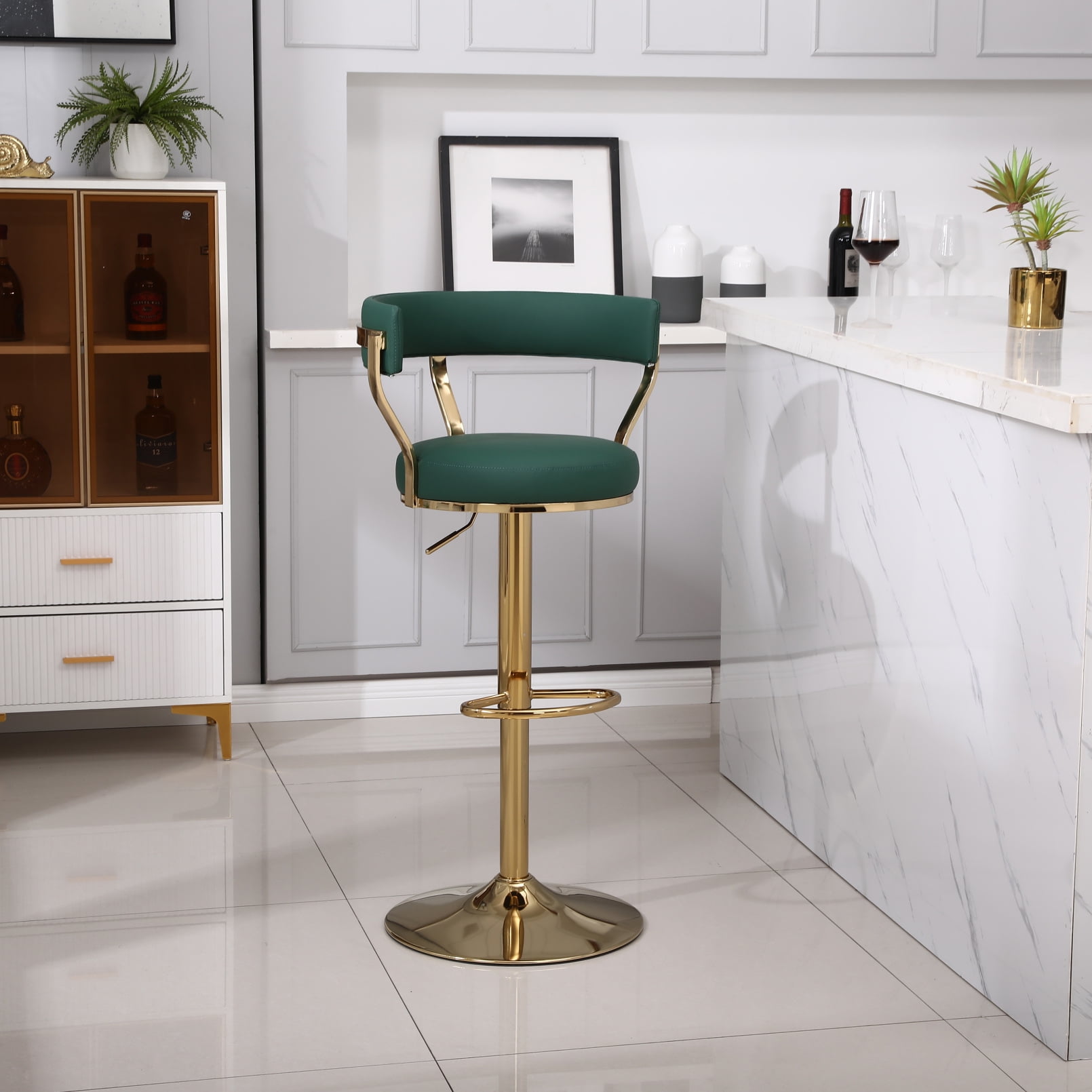 PU Bar Stools with Hollow Back and Footrest Counter, Modern 360-degree ...