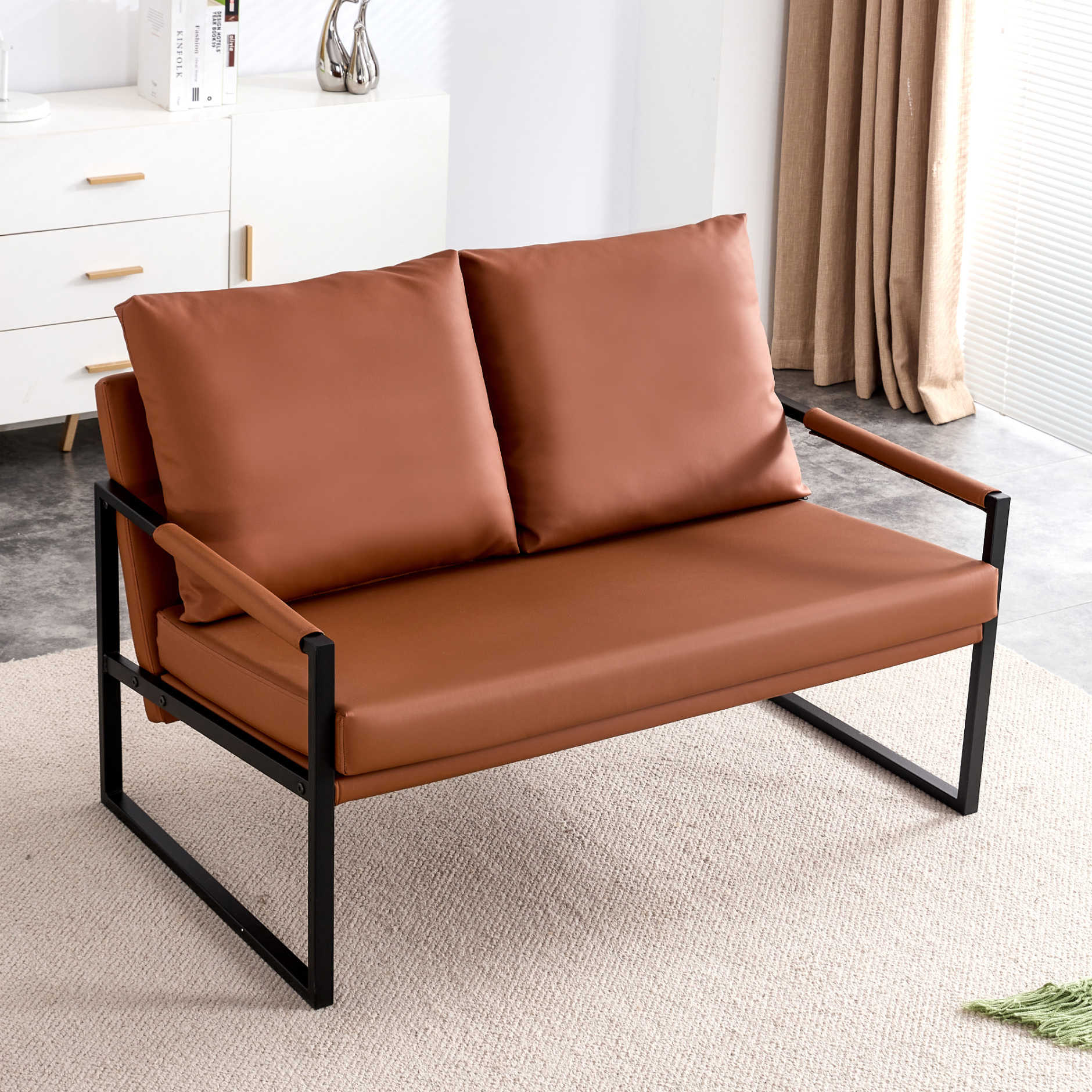 PU Leather 2 Seater Sofa Chair, Modern Industrial Accent Chair with 2 ...