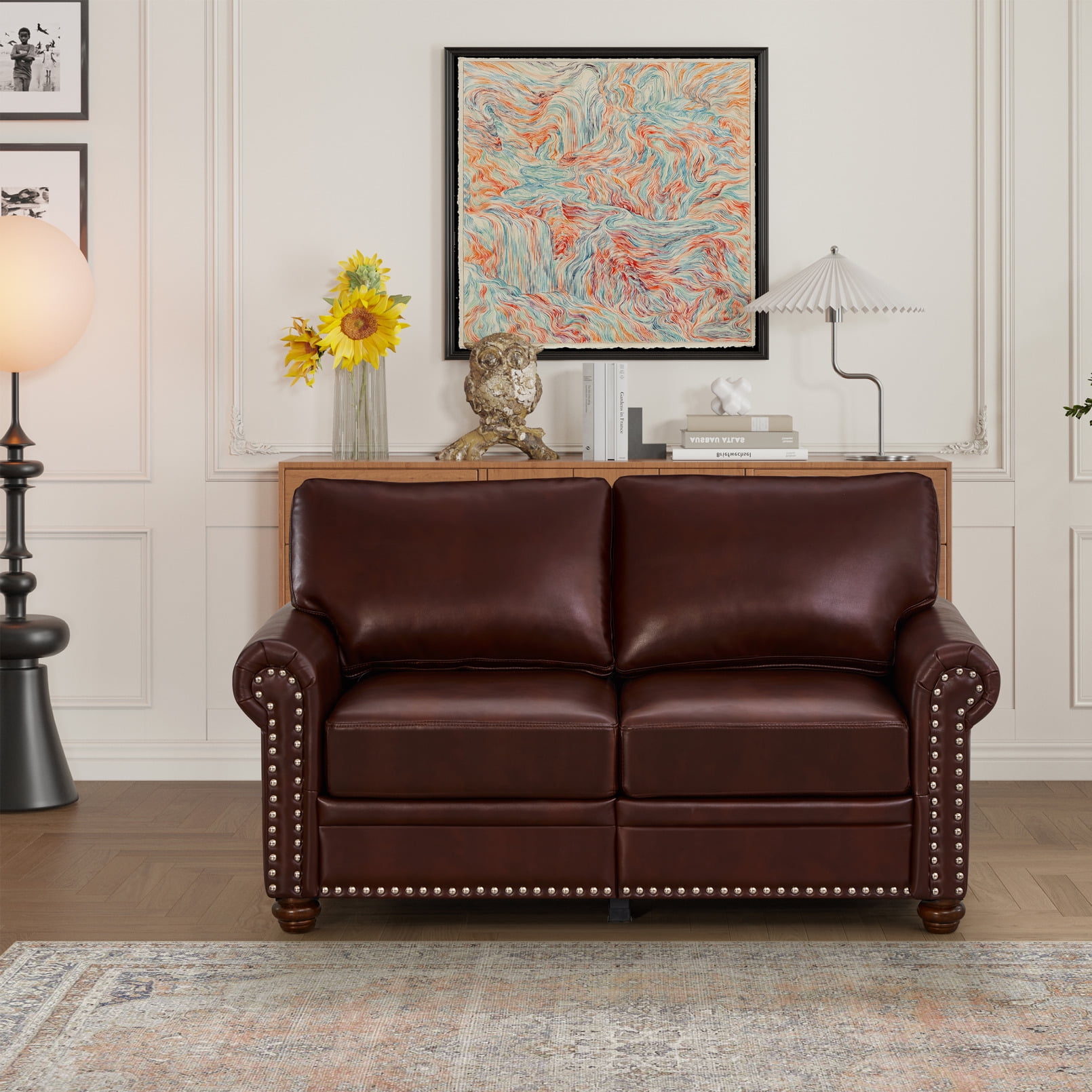 PU Leather 2 Seater Soft Chair with Nailhead Trim, Classic Couch with ...