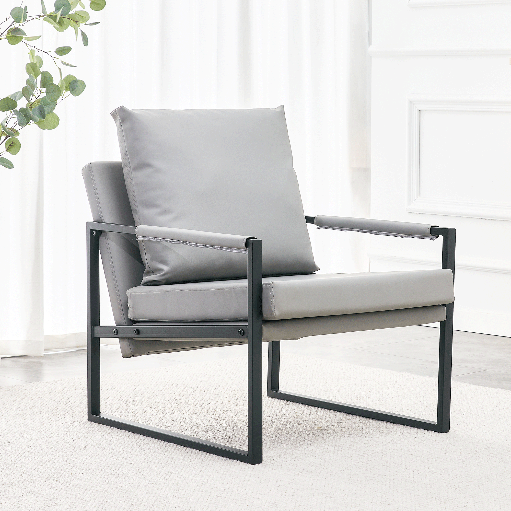 PU Leather Accent Arm Chair Mid Century Modern Upholstered Armchair ...