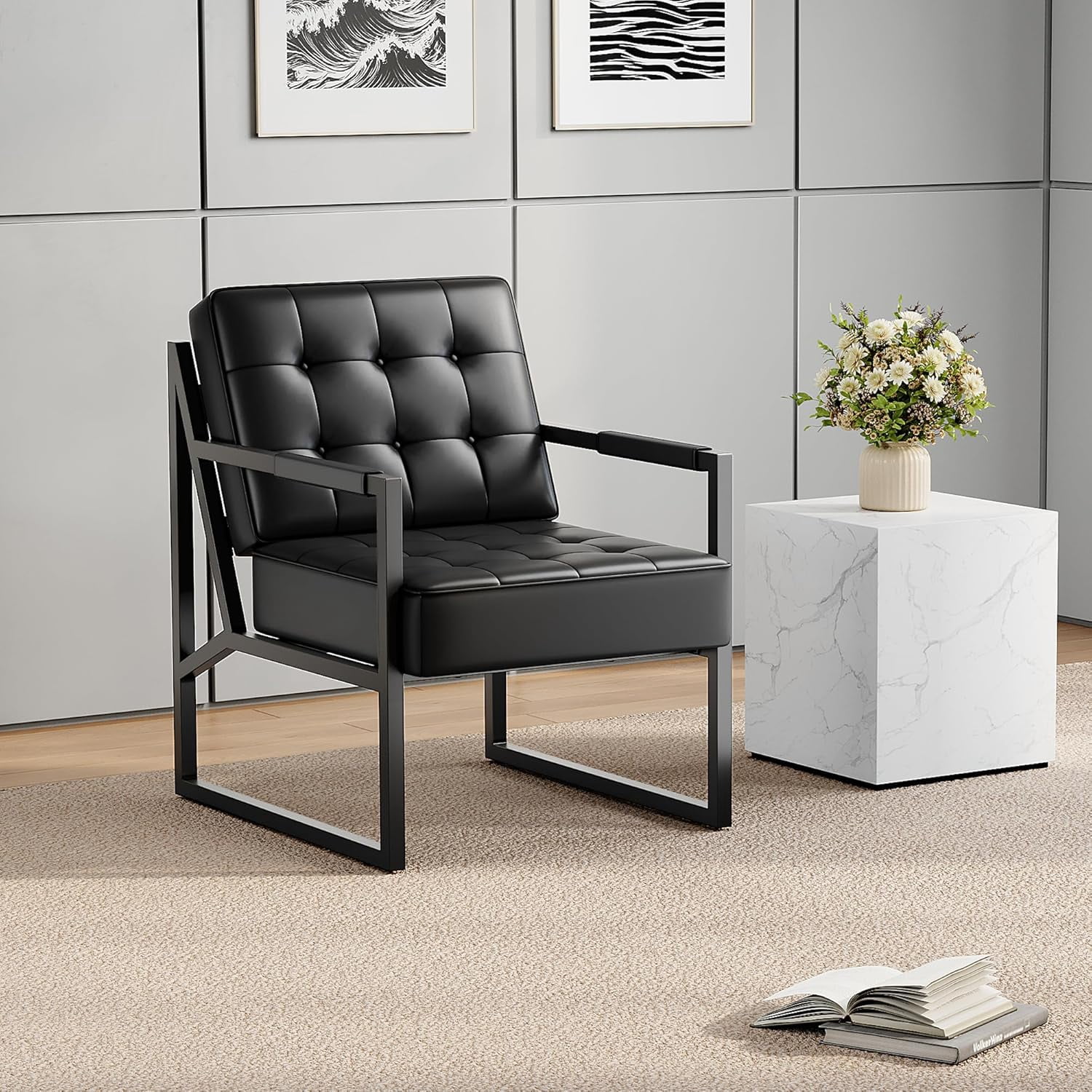 PU Leather Accent Chair Button-Tufted Cushion Metal Frame 300lb Mid ...
