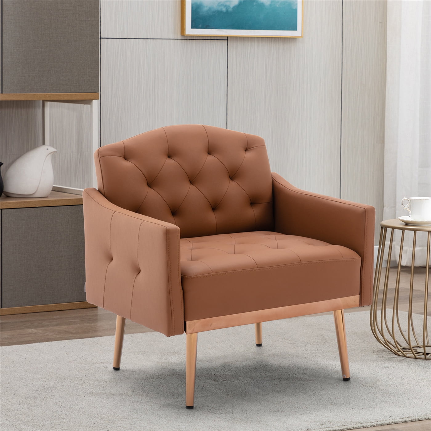 PU Leather Accent Chair, Mid-Century Upholstered Button Tufted Single ...