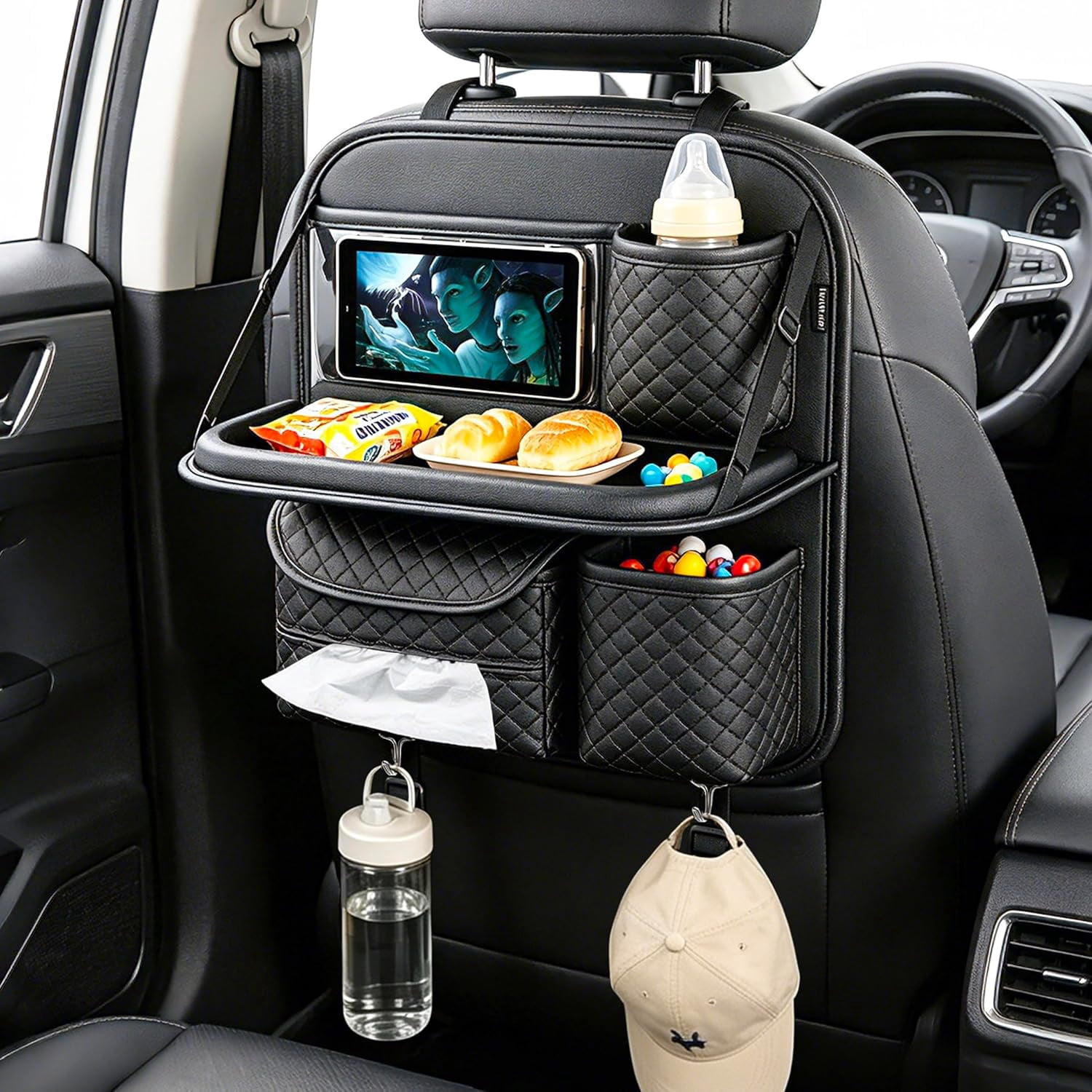 PU Leather Backseat Car Organizer with Foldable Tray & Tablet Holder ...