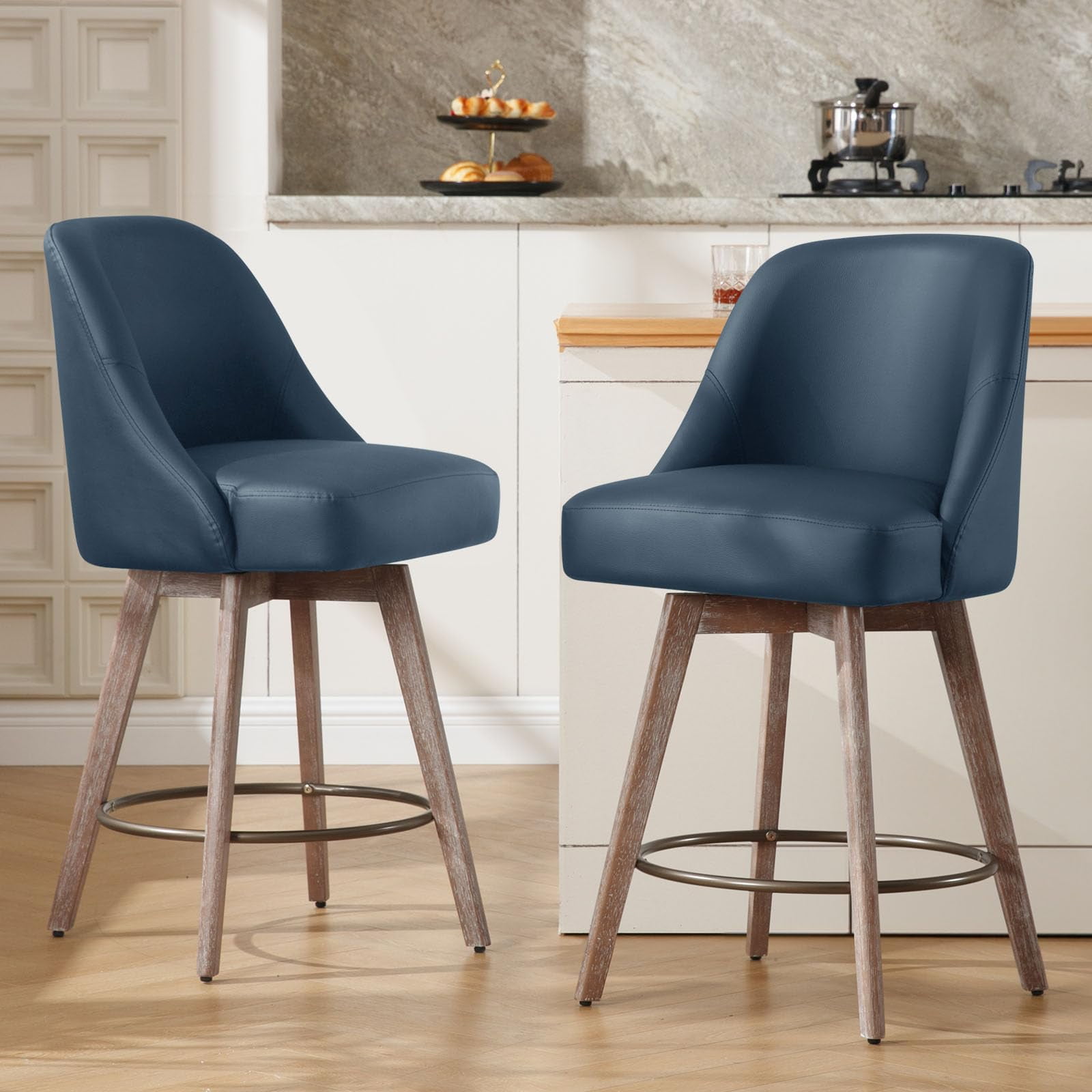 PU Leather Bar Stools 2-Pack, Swivel Counter Height Stools with Back ...