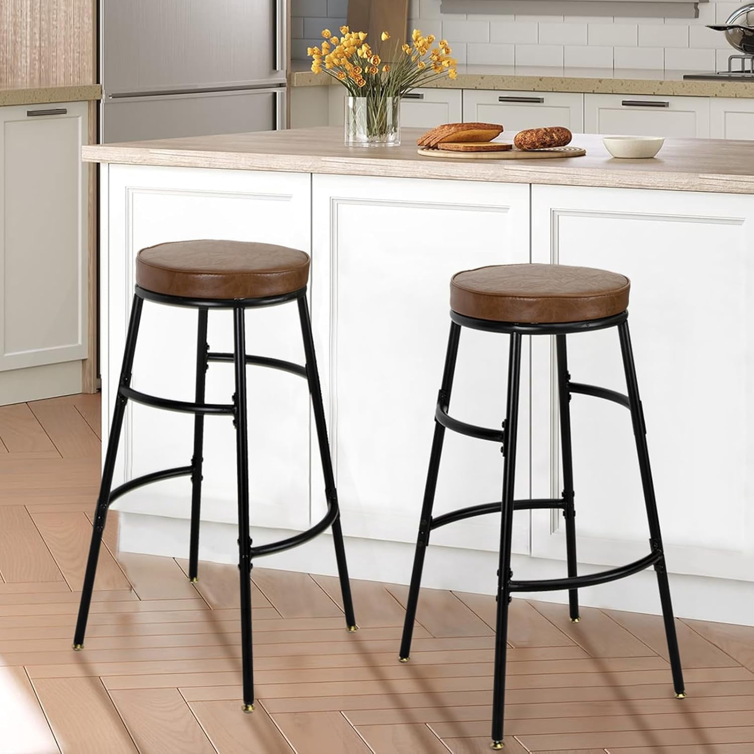PU Leather Bar Stools Set of 2, Kitchen Round Bar Chairs with Footrest ...