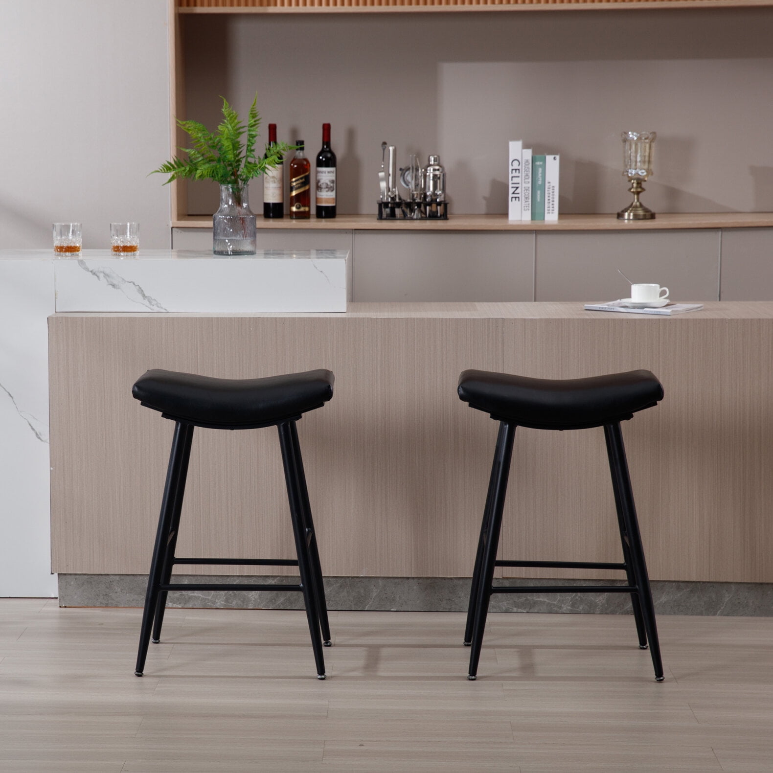 PU Leather Barstools Set of 2, Comfy Bar Stools with 4 Adjustable Foot ...