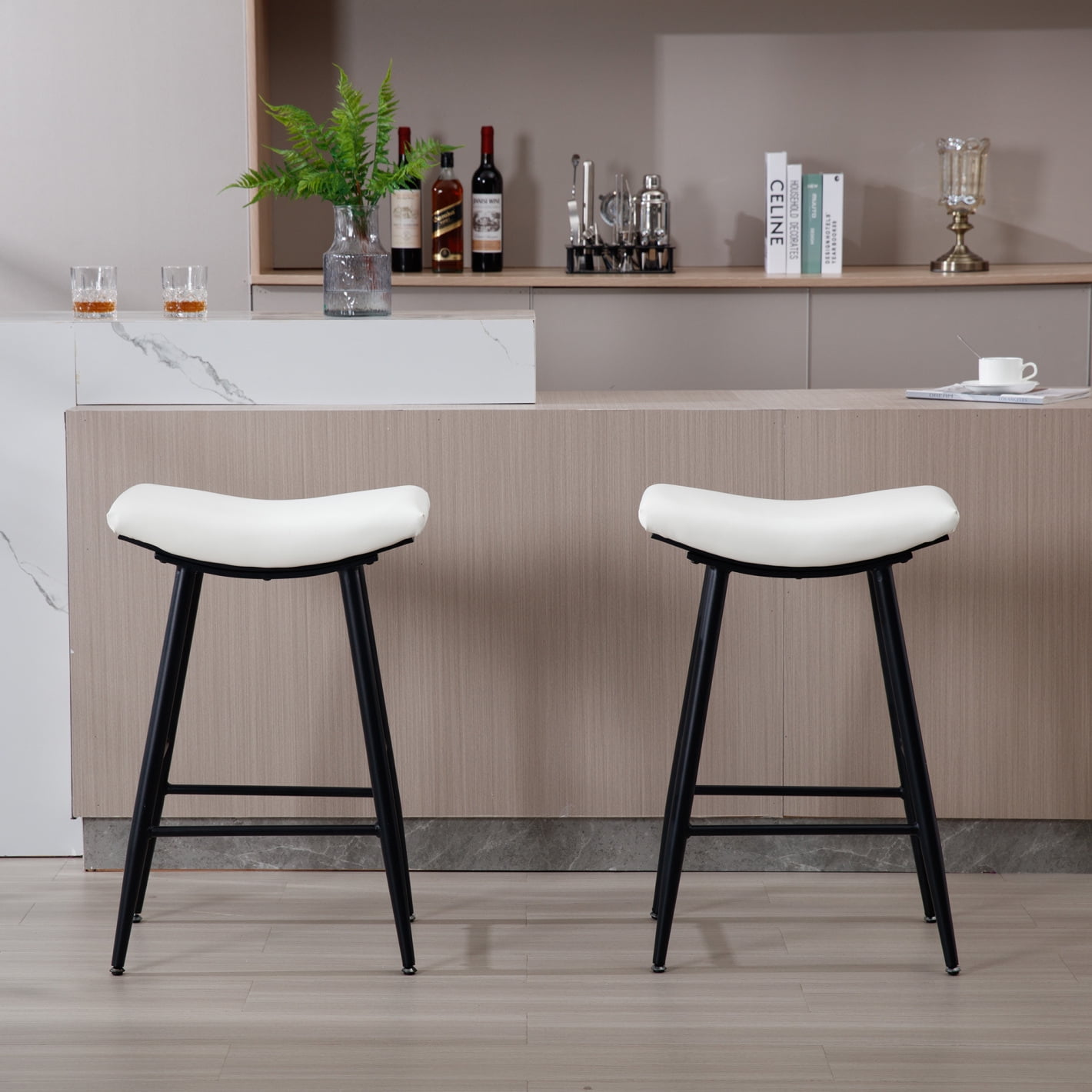 PU Leather Barstools Set of 2, Comfy Bar Stools with 4 Adjustable Foot ...