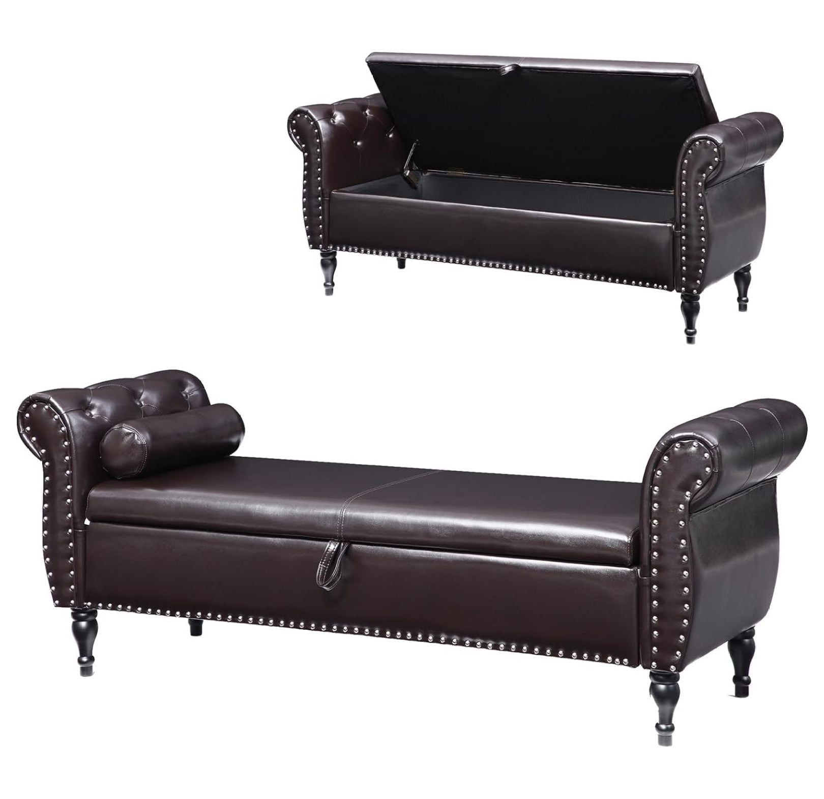 PU Leather Bedroom Storage Bench End of Bed,63.2" Long Rolled Arm Bed ...