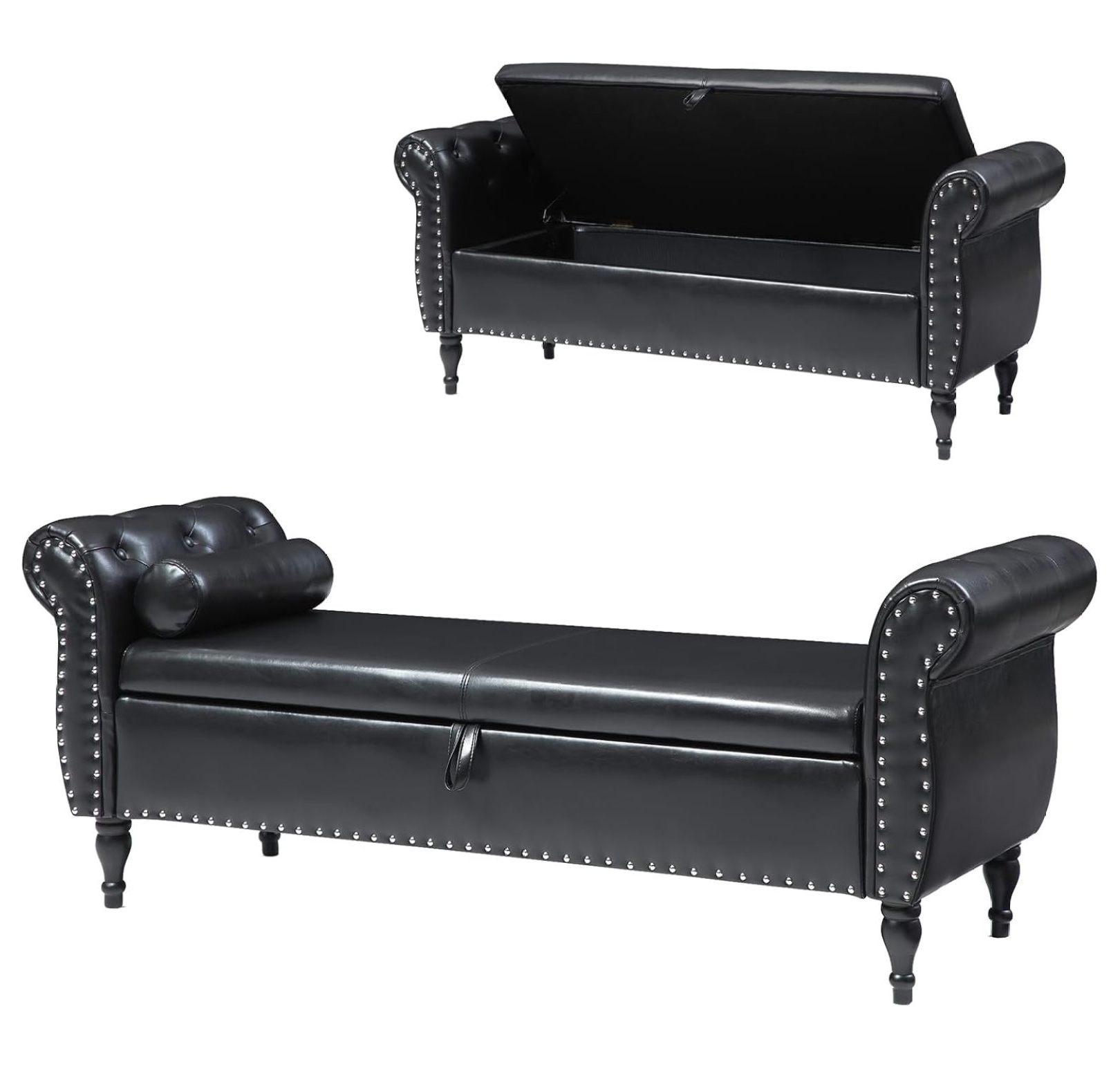 PU Leather Bedroom Storage Bench End of Bed,63.2" Long Rolled Arm Bed ...