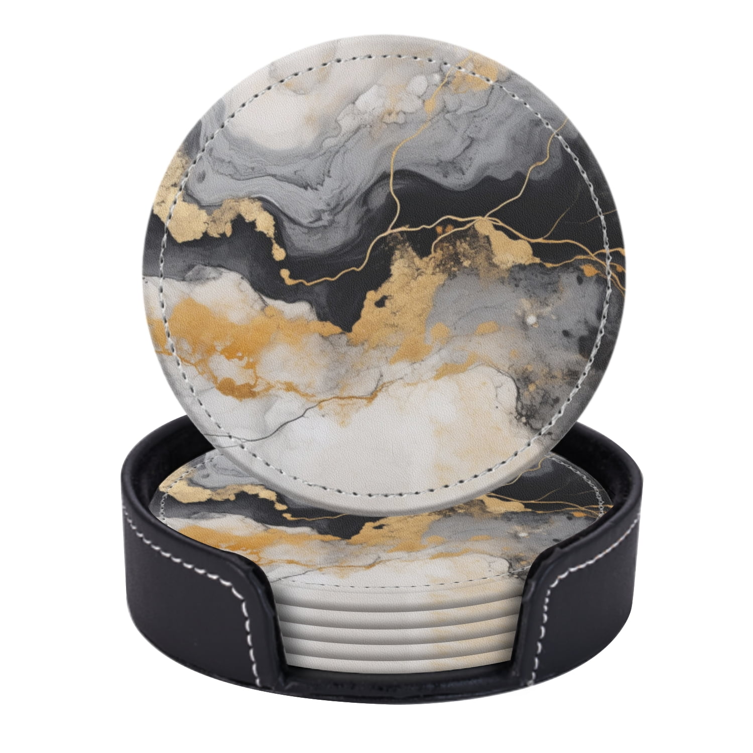 PU Leather Coasters for Drinks Bar Beer,Set of 6 with Holder,Round ...