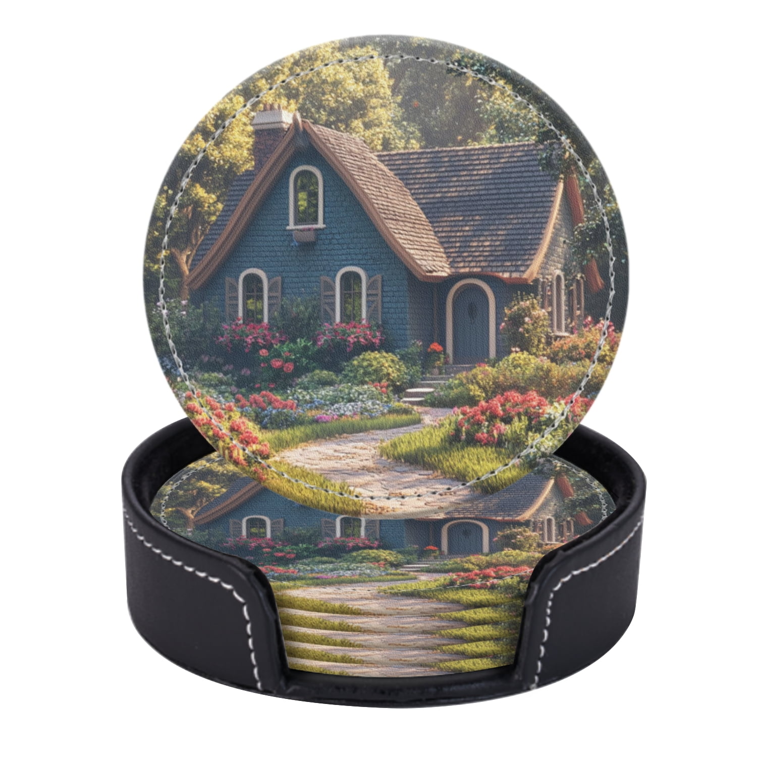 PU Leather Coasters for Drinks Bar Beer,Set of 6 with Holder,Round ...