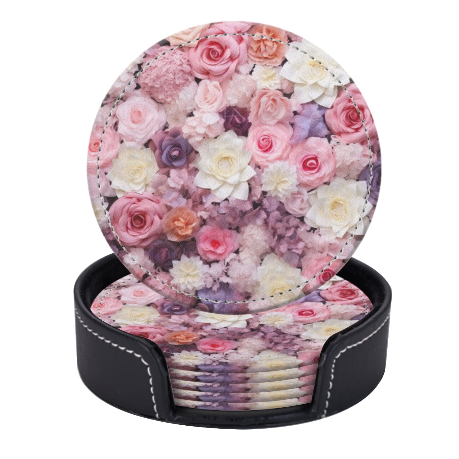 PU Leather Coasters for Drinks Bar Beer,Set of 6 with Holder,Round ...