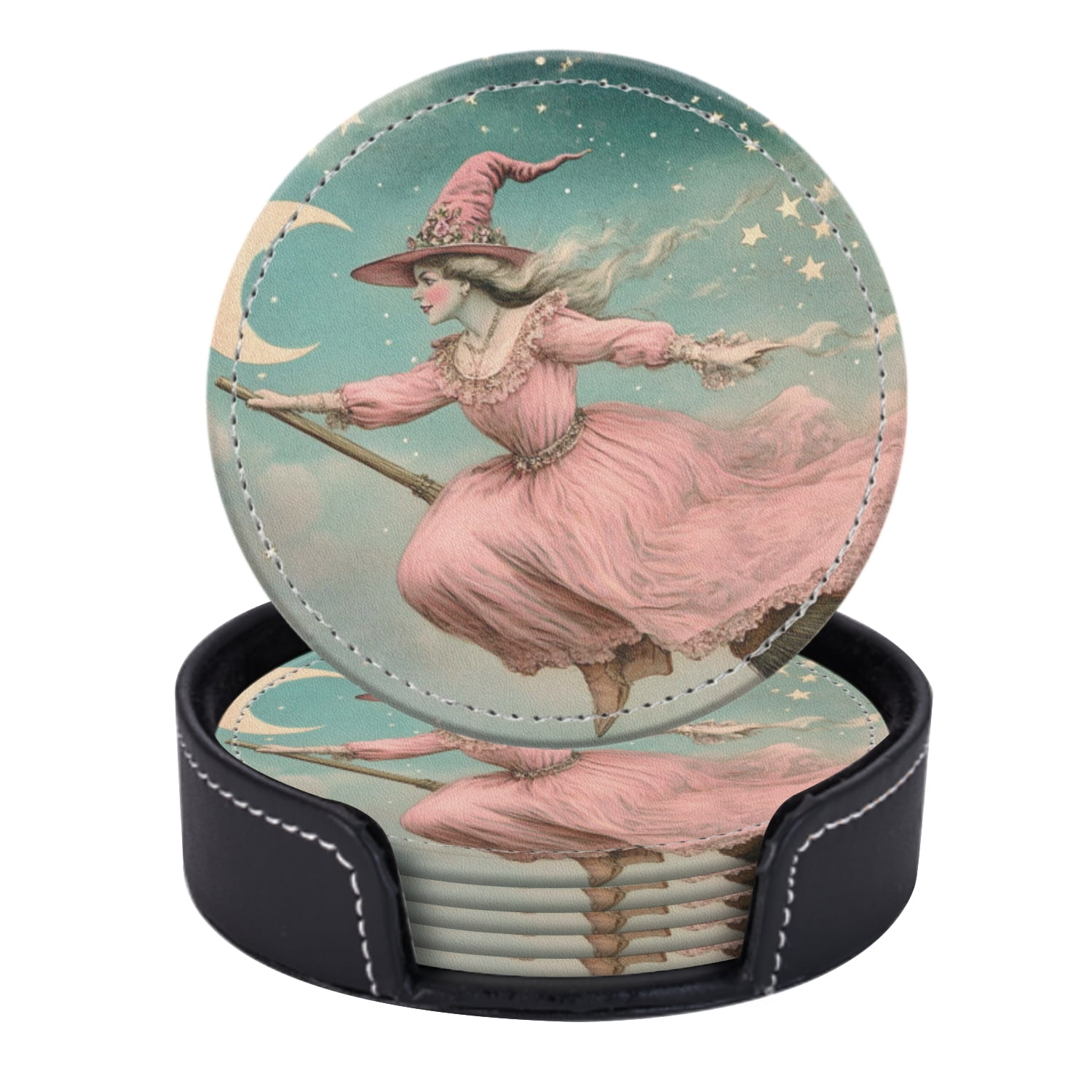 PU Leather Coasters for Drinks Bar Beer,Set of 6 with Holder,Round ...