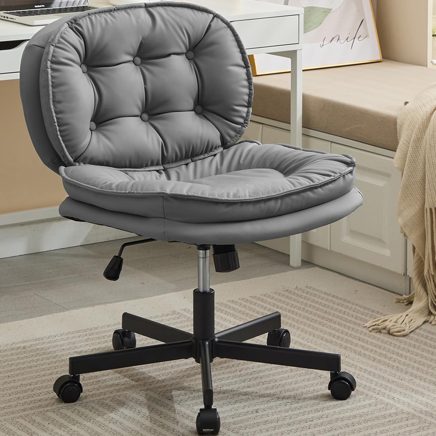 PU Leather Criss Cross Chair with Wheels, Egg Shape Wide Seat Armless ...