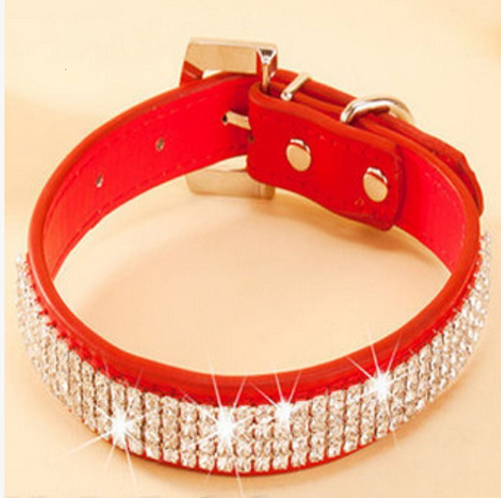 PU Leather Crystal Diamond Puppy Collar Pet Dog Collars Pink Red Pet ...